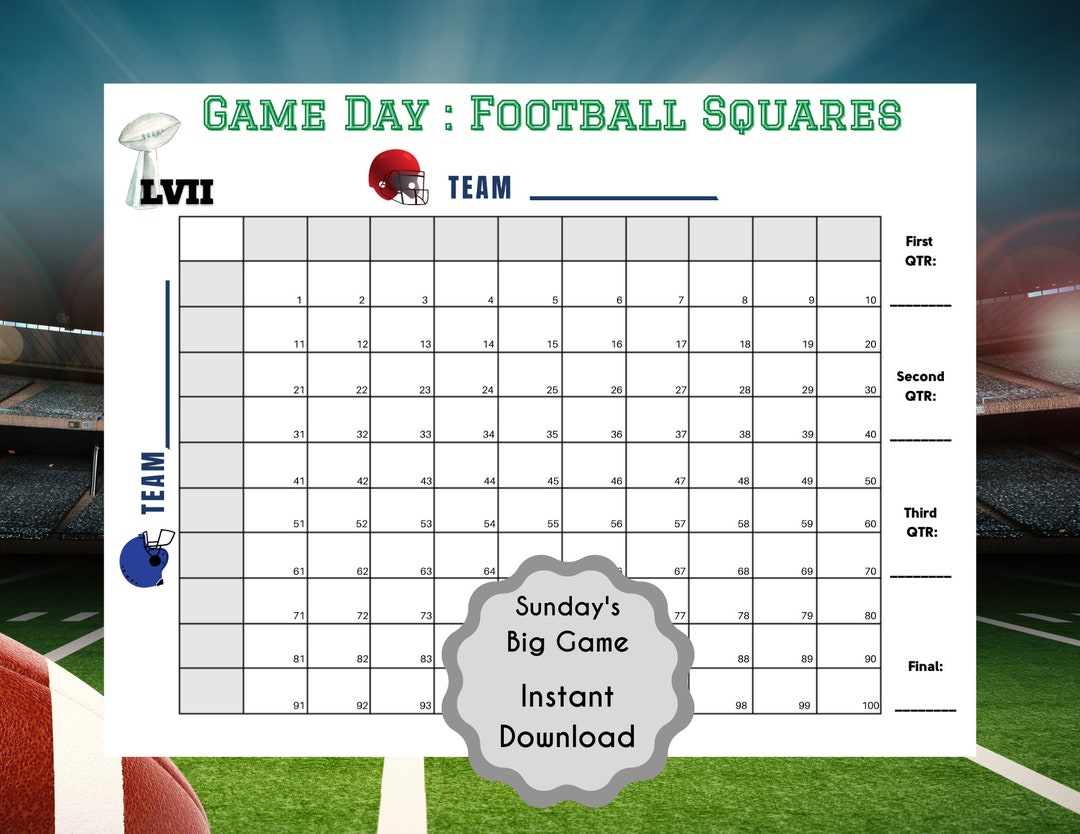 Football Super Squares Game LVII, Printable Superbowl Squares, Super ...