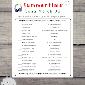 Summertime Song Match Up Pool Party Game Summer Party Game | Etsy