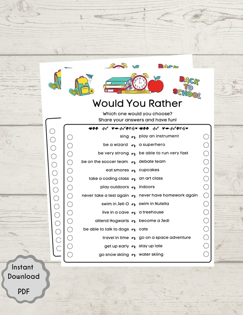 Back to School Would You Rather Game Classroom Activity Game for Kids ...