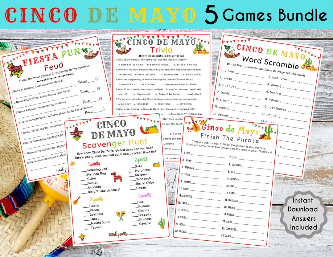 5 Cinco De Mayo Games Bundle L Fun Printable Game Mexican Fiesta Trivia ...