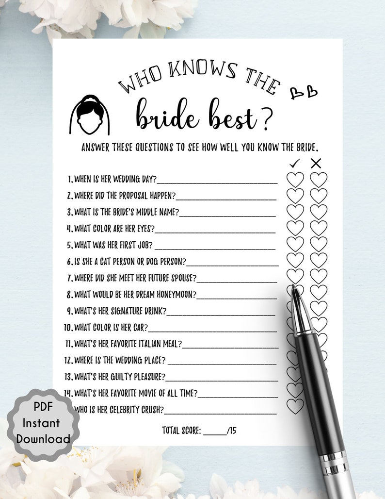 Who Knows the Bride Best Bridal Shower Game Printable PDF - Etsy