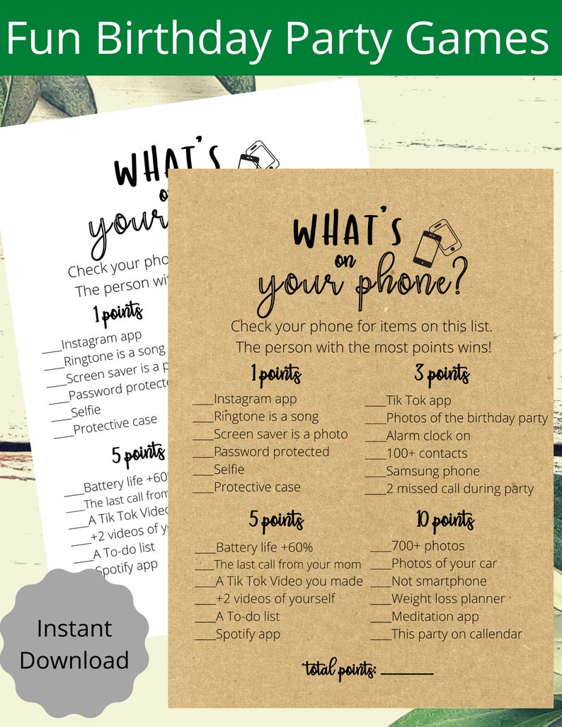 Adult Birthday Party Games, What's on Your Phone Birthday Game, 20th ...