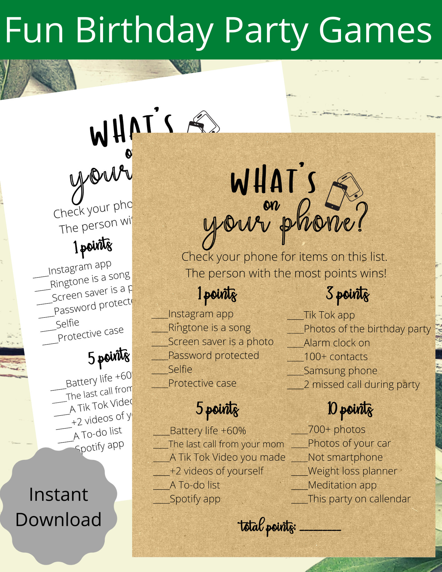 Adult Birthday Party Games, What's on Your Phone Birthday Game, 20th ...