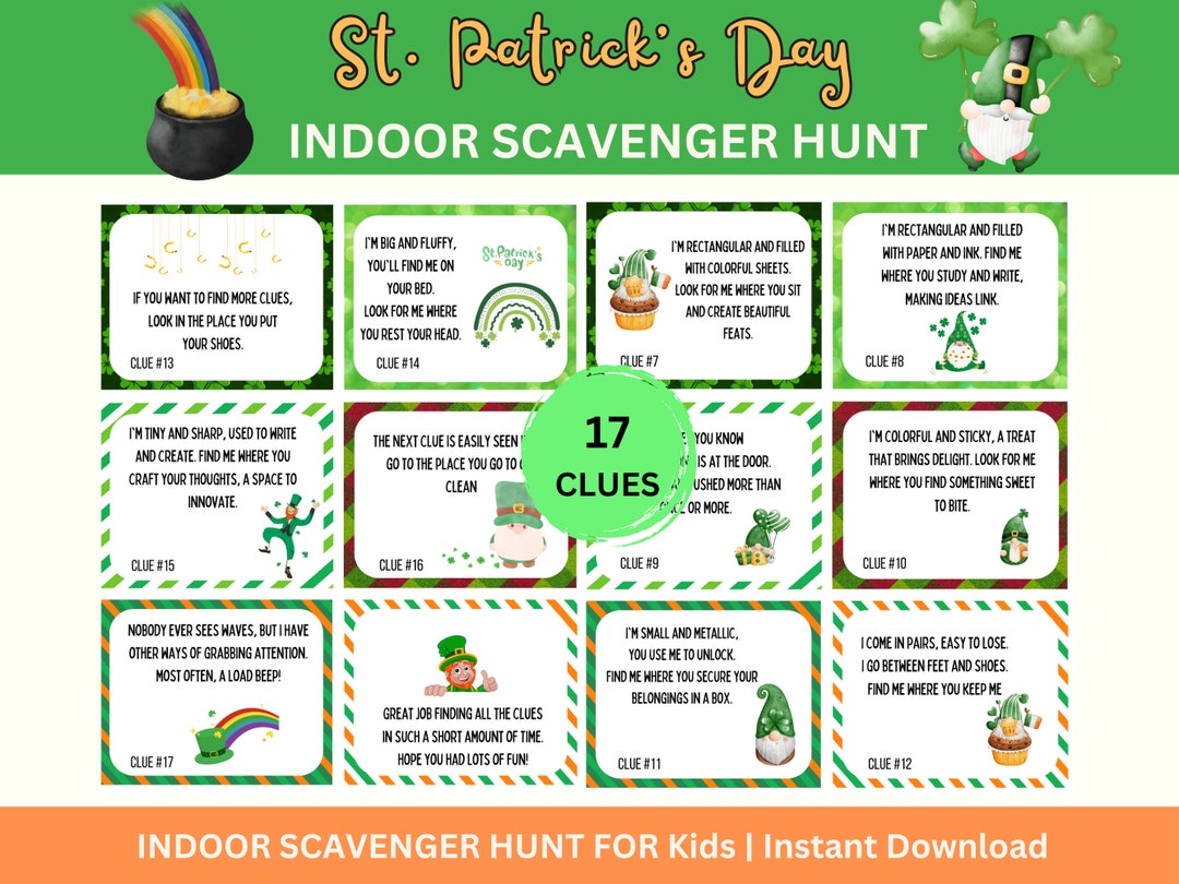 Fun Indoor St. Patrick's Day Scavenger Hunt for Kids Printable Game, St ...