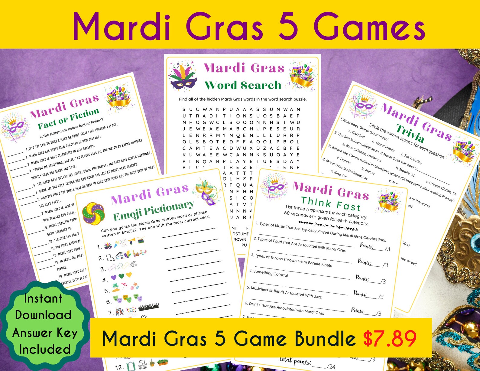 Mardi Gras Word Search Game Mardi Gras Printable Game for Kids & Adults ...