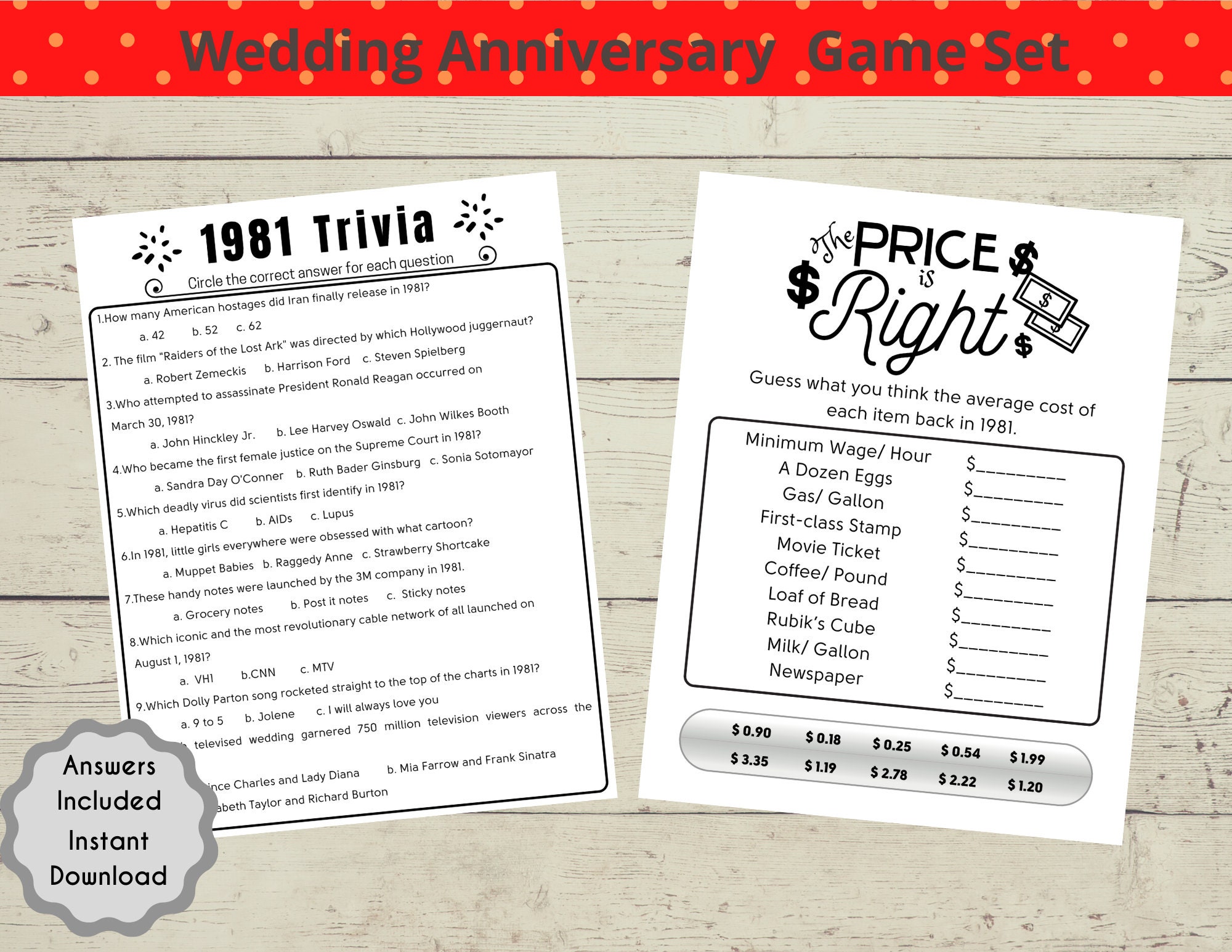 1981 43rd Anniversary Games Bundle Printable 1981 Anniversary Couple ...