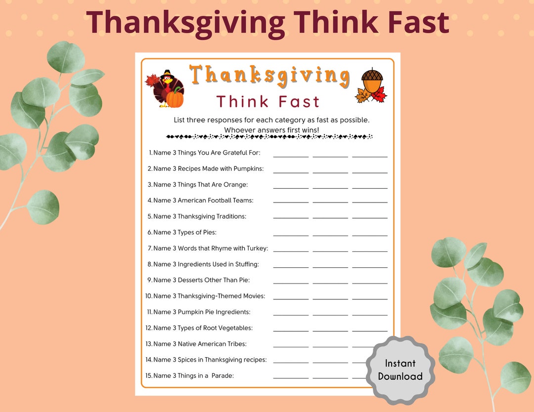 Thanksgiving Game Printable Thanksgiving Think Fast Game Fall Game for ...