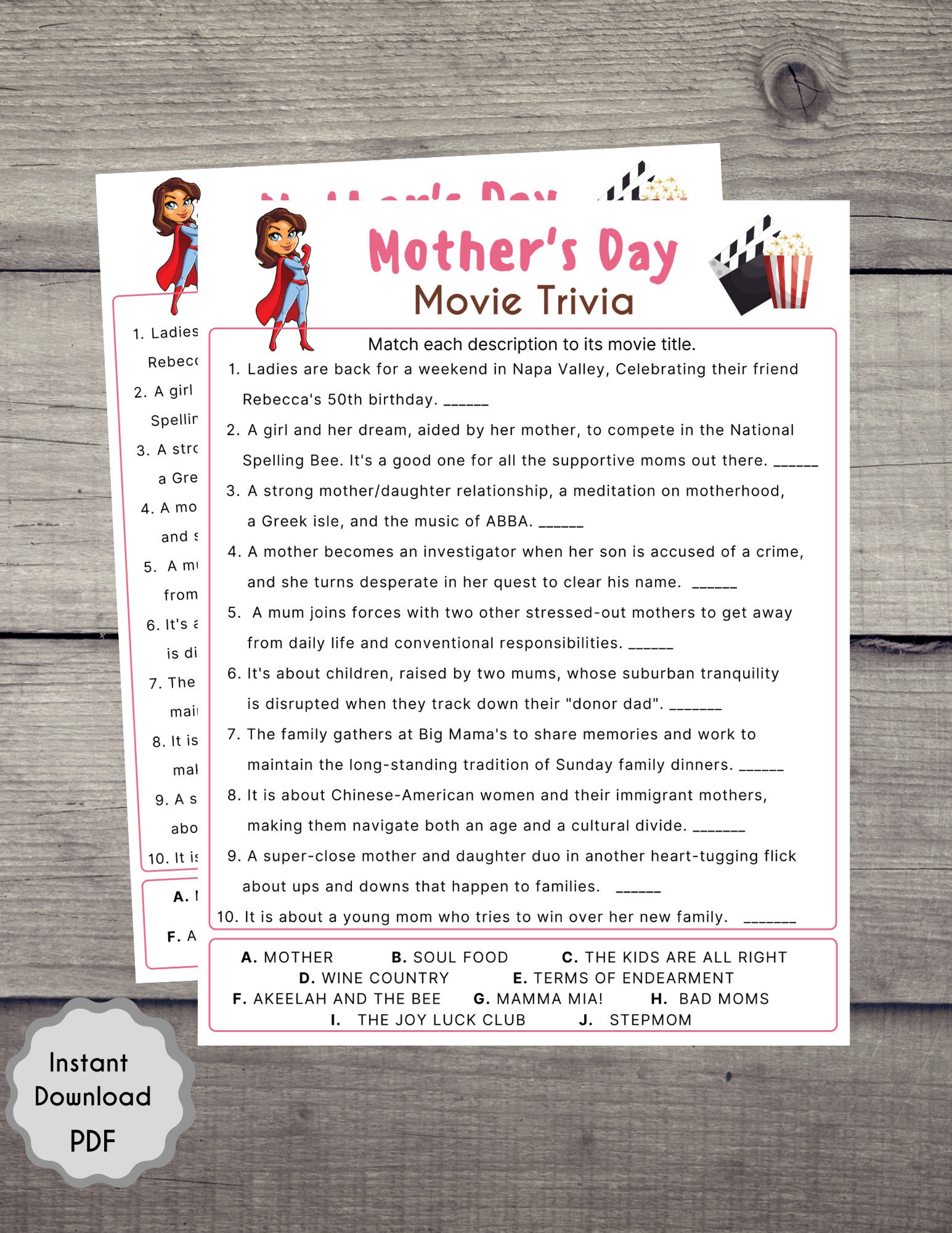 Mother's Day Movie Trivia Game Mother's Day Game for Kids & Adults ...