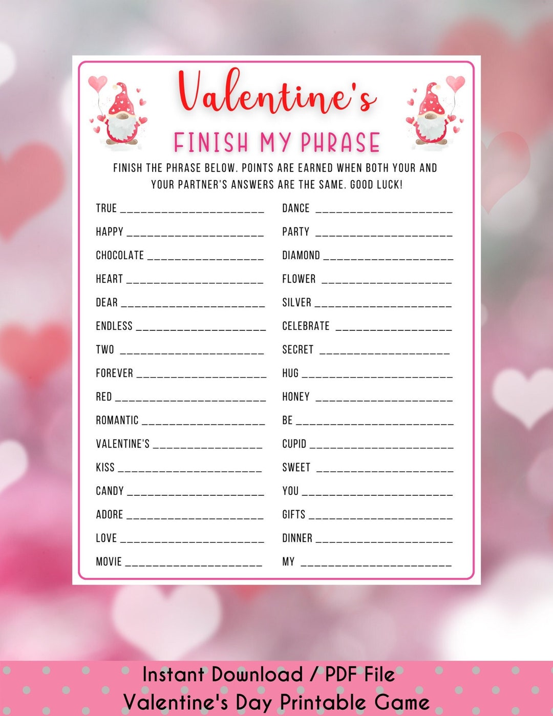 Valentine's Finish My Phrase Game Fun Valentine's Day Printable Game ...
