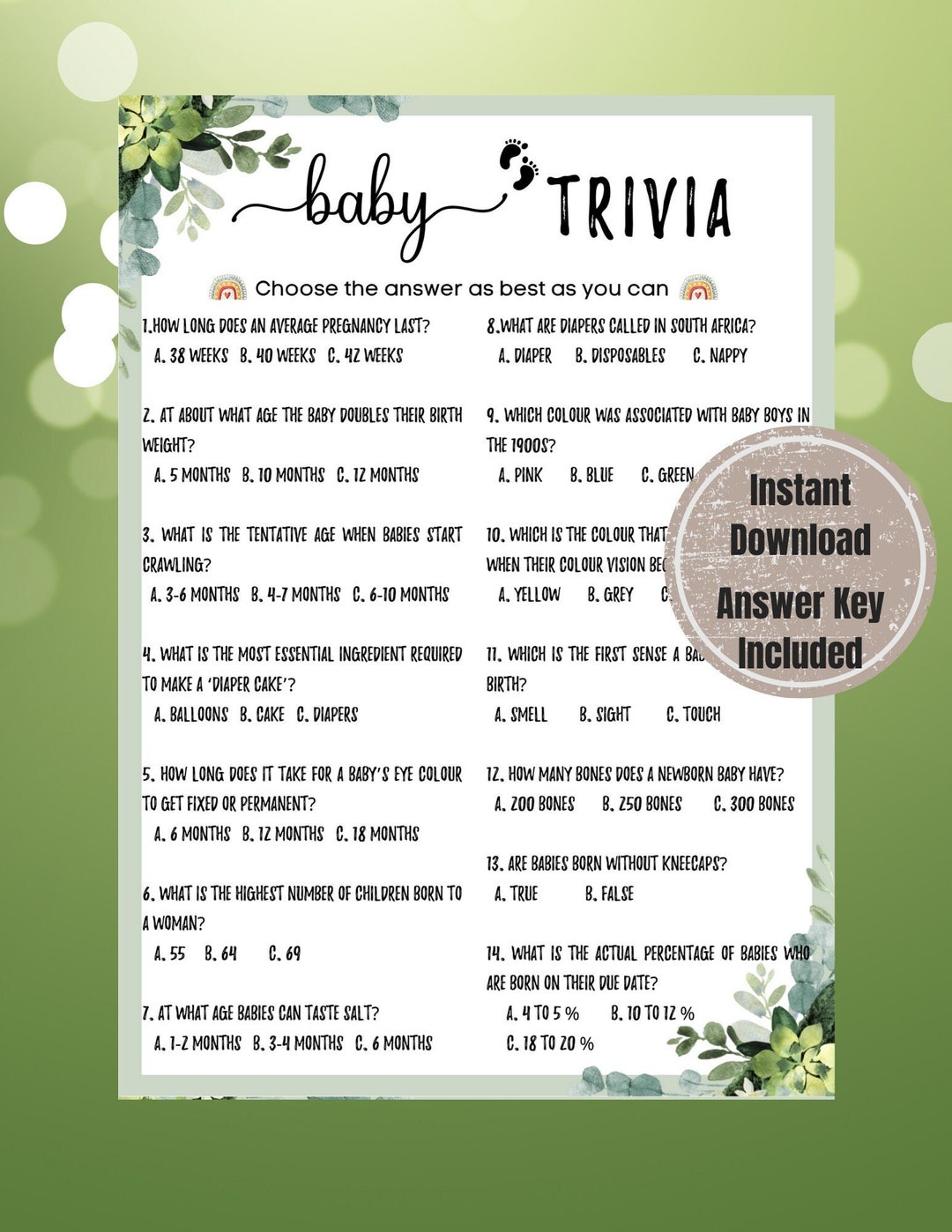 Baby Shower Baby Trivia Game | Gender Reveal Party Games | Greenery ...