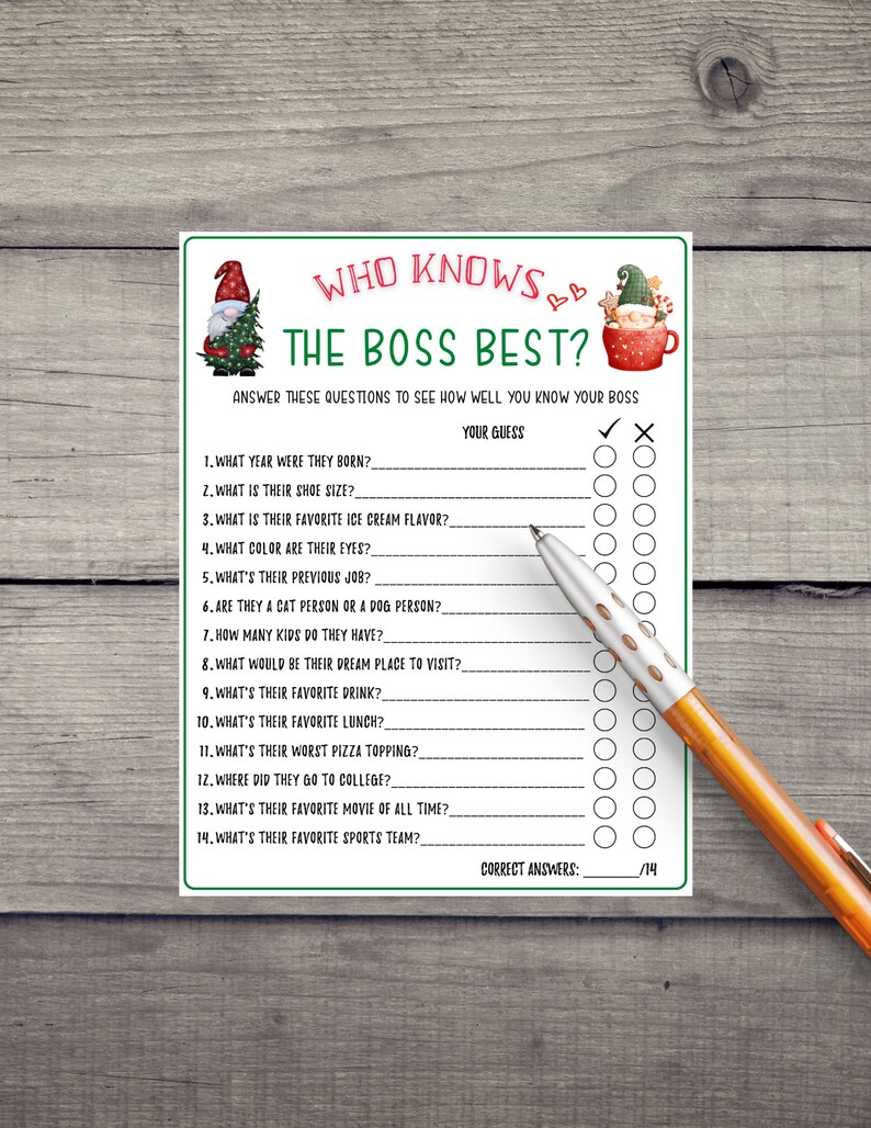 Office Holiday Who Knows the Boss Best Game, Christmas Party Printable ...