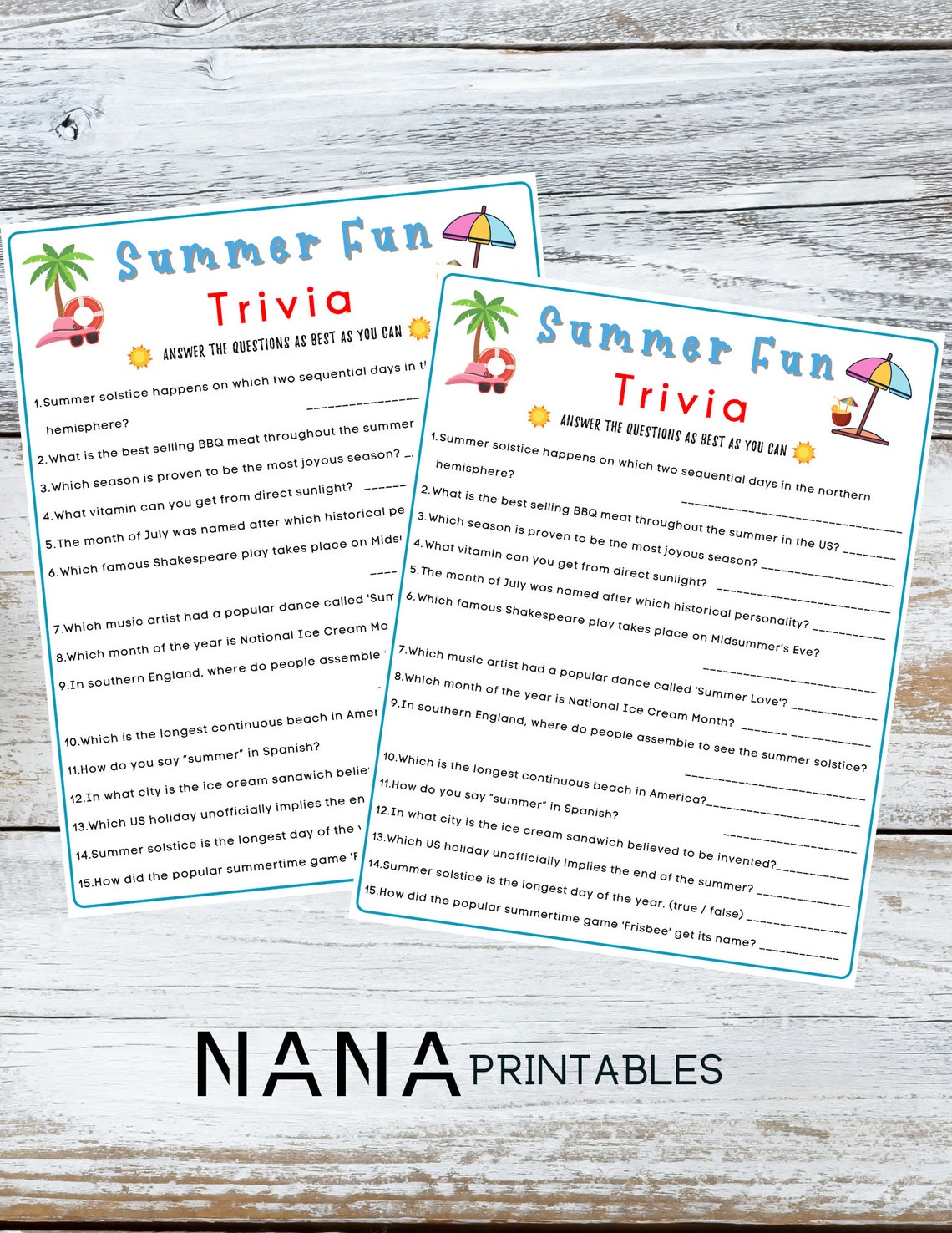 Summer Fun Trivia Game Summertime Game Summer Party Game Printable Game ...