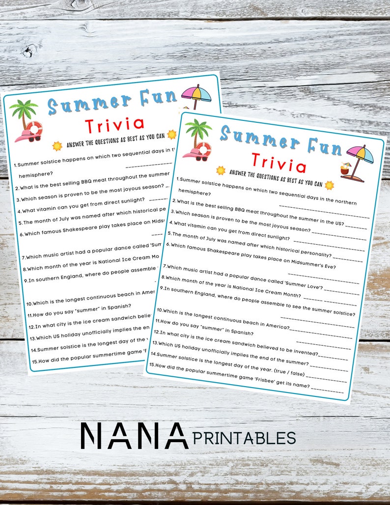 Summer Fun Trivia Game Summertime Game Summer Party Game Printable Game ...