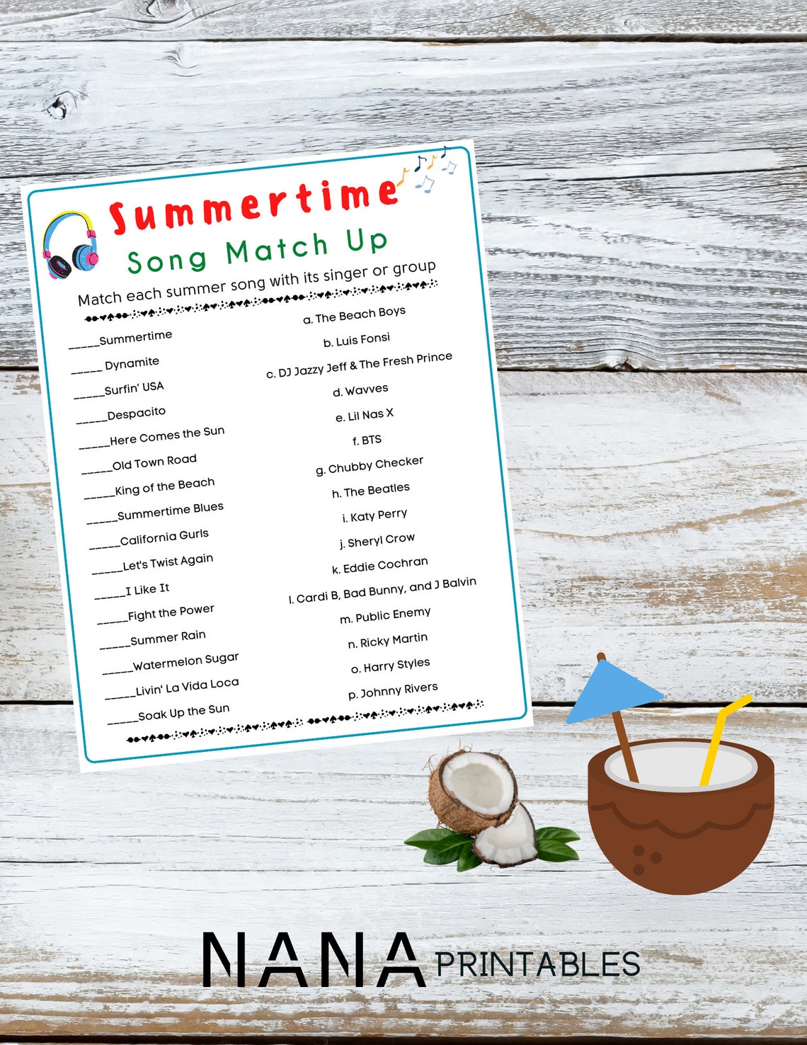 Summertime Song Match up Pool Party Game Summer Party Game Printable ...