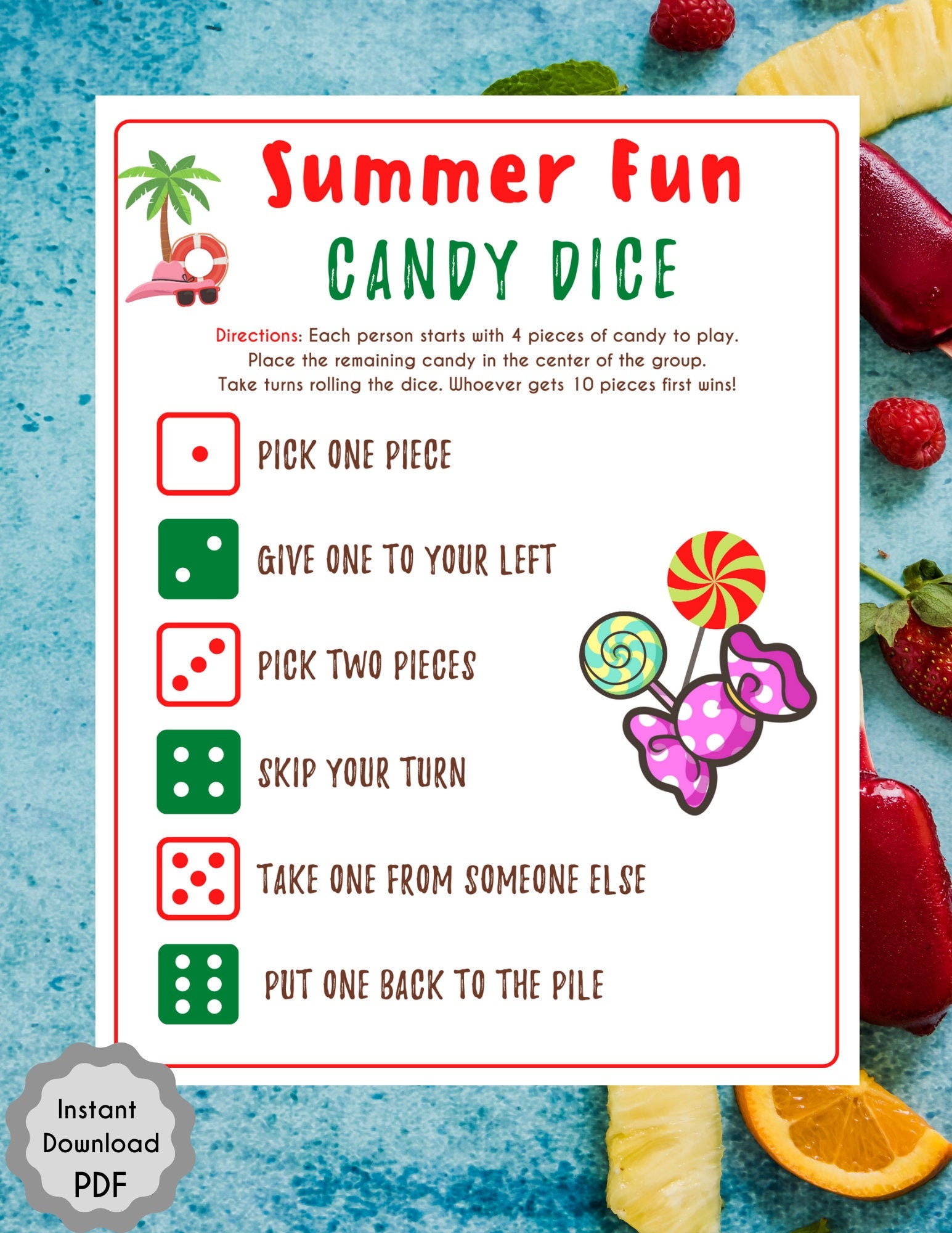 Summer Fun Candy Dice Game Pool Party Game Summer Family - Etsy