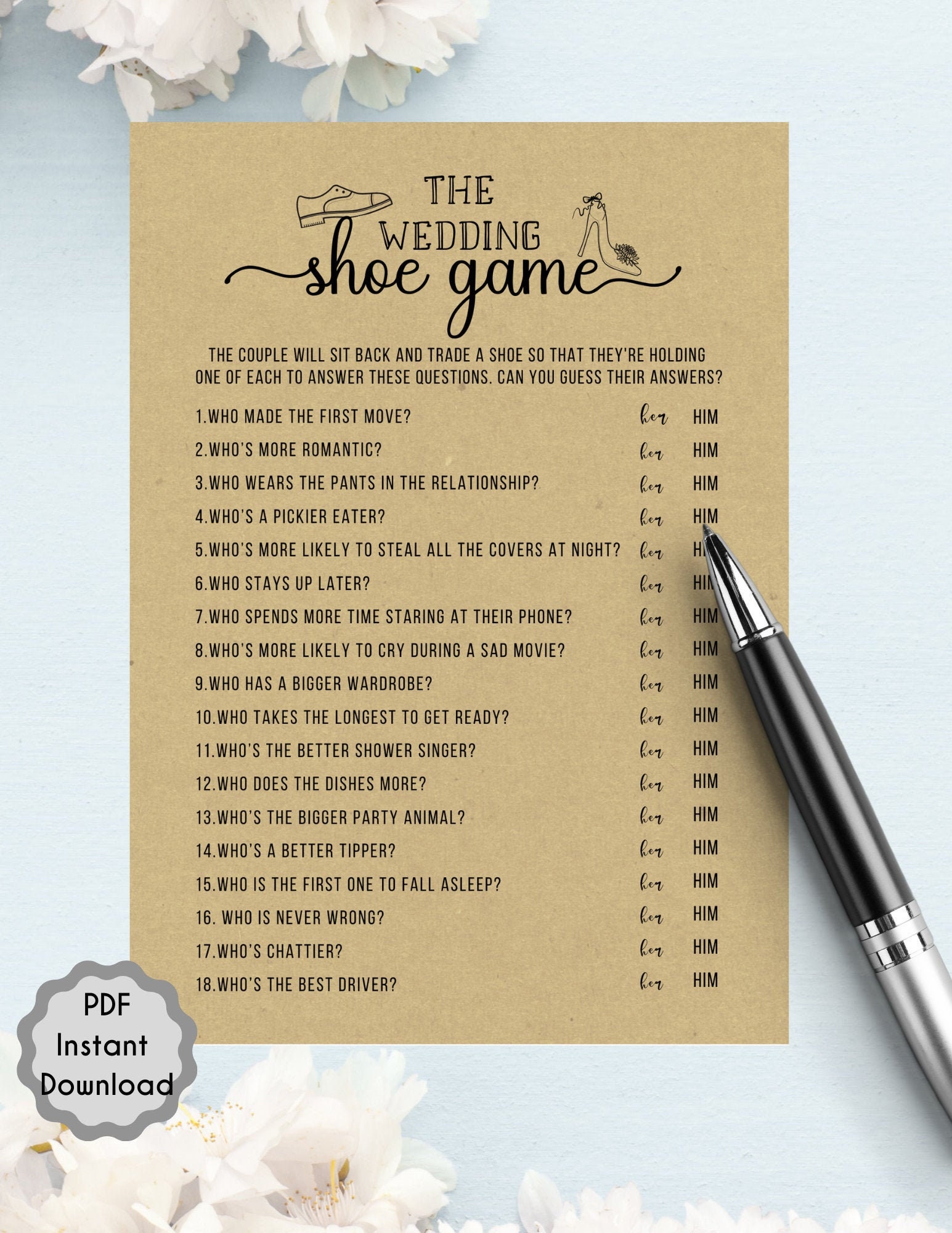 The Wedding Shoe Game Printable Bridal Shower Game Instant Download