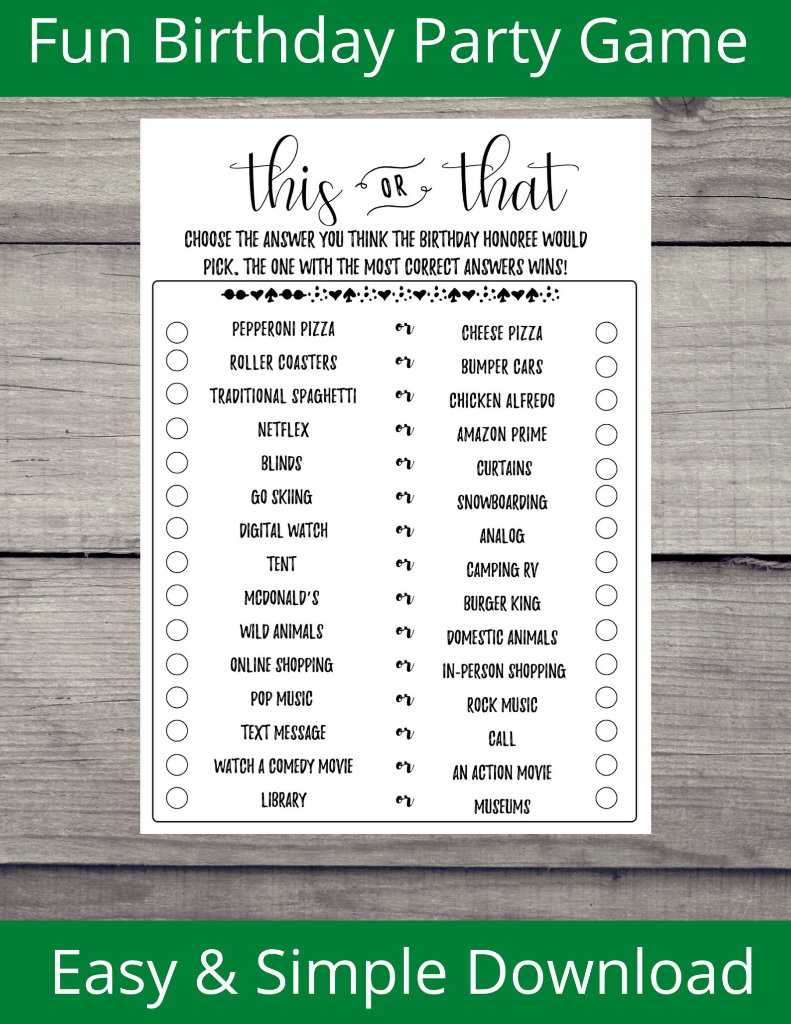 Birthday This or That Game: Fun Party Trivia (printable PDF) - Etsy