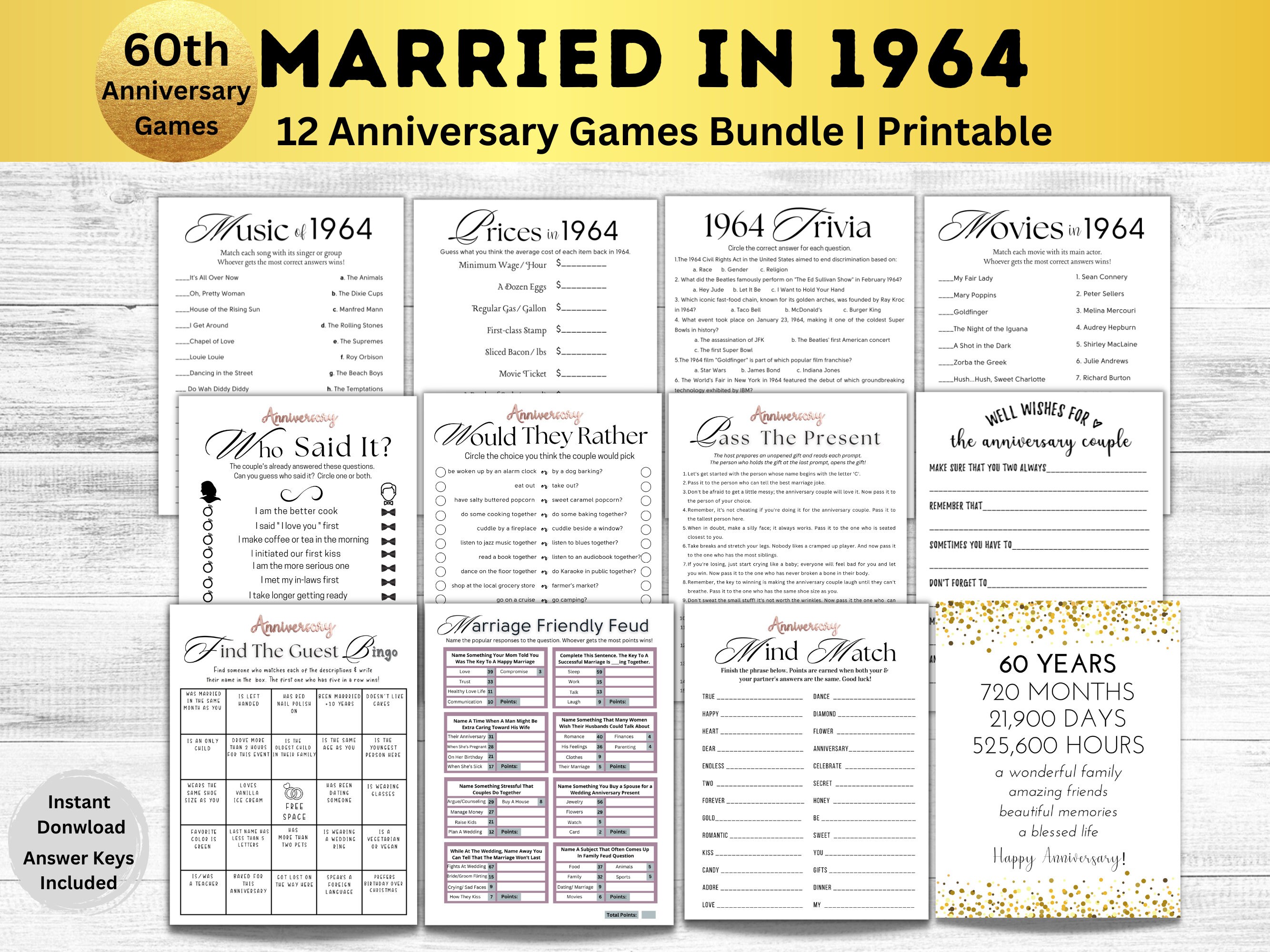 60th Wedding Anniversary Games, Married in 1964 Games Bundle Printable ...