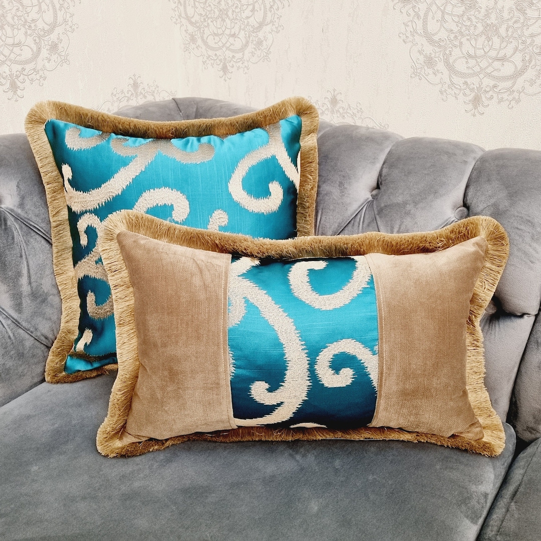Luxury Double Set Velvet Fabric Light Brown and Turquoise Throw Pillow ...