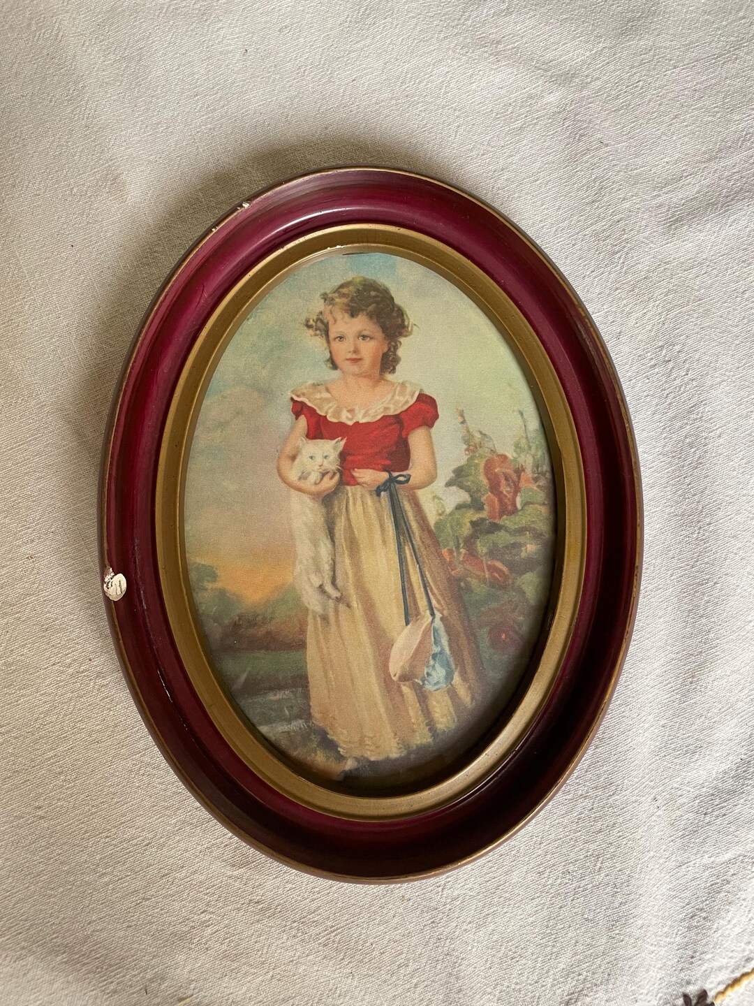Jane Freeman Print of Girl With Cat in Red Oval Frame - Etsy