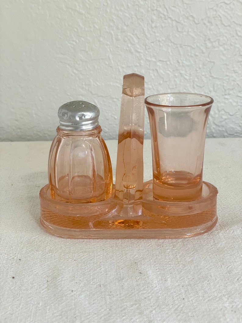 1930s Pink Depression Glass Salt/pepper Shaker and Shot Glass in Caddy ...