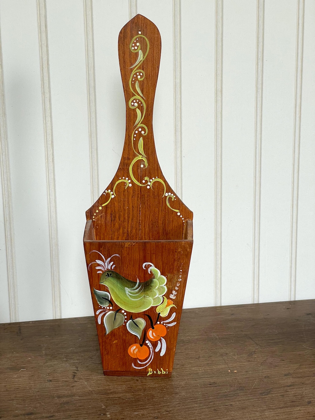 Vintage Hand Painted Wooden Matchstick Holder, Fireplace, Wall Decor ...