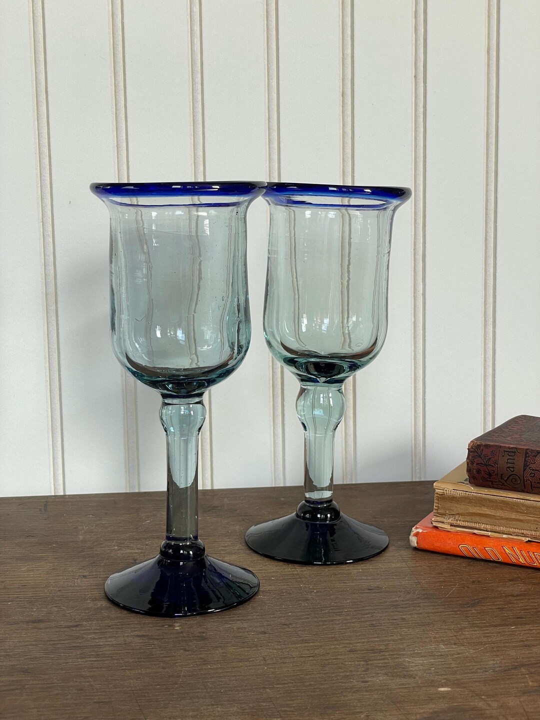 Set of Two Handblown Mexican Glass Goblet Drinking Glasses - Etsy