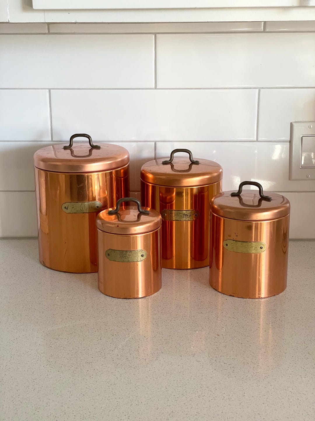 Vintage 4 Piece Aged Copper Canister Set With Lids, Flour, Coffee ...