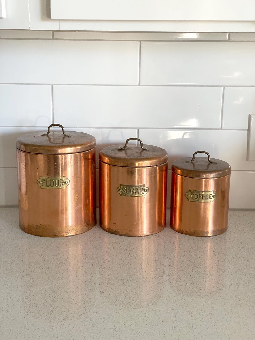 Vintage 3 Piece Aged Copper Canister Set With Lids, Flour, Coffee ...