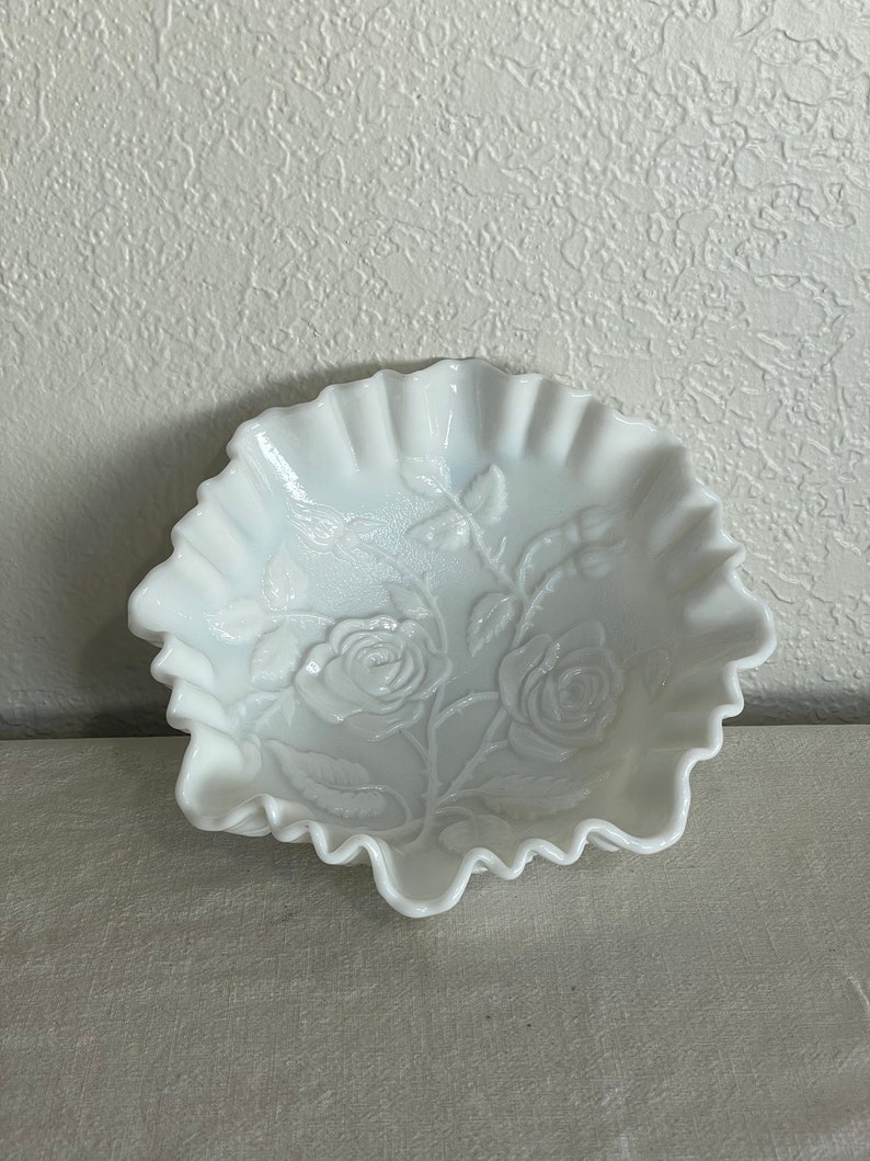 Vintage Imperial Glass Co. Milk Glass Ruffled Edge Embossed Rose Bowl ...