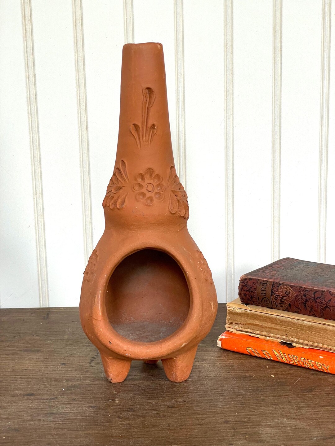 Terracotta Clay Mini Chiminea, Floral Design Tealight Candle Holder ...