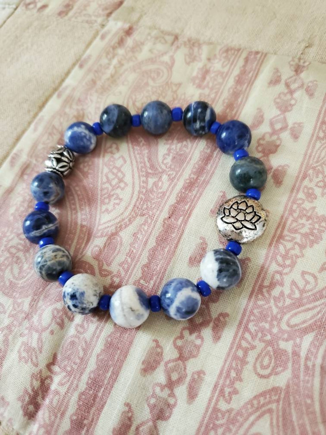 Blue Beaded Bracelet With Lotus Flower Charm - Etsy
