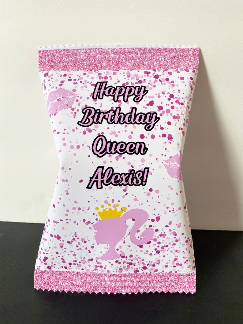 Personalized Queen Birthday Chip Bags, Pink Glitter Theme, Pink Chip ...