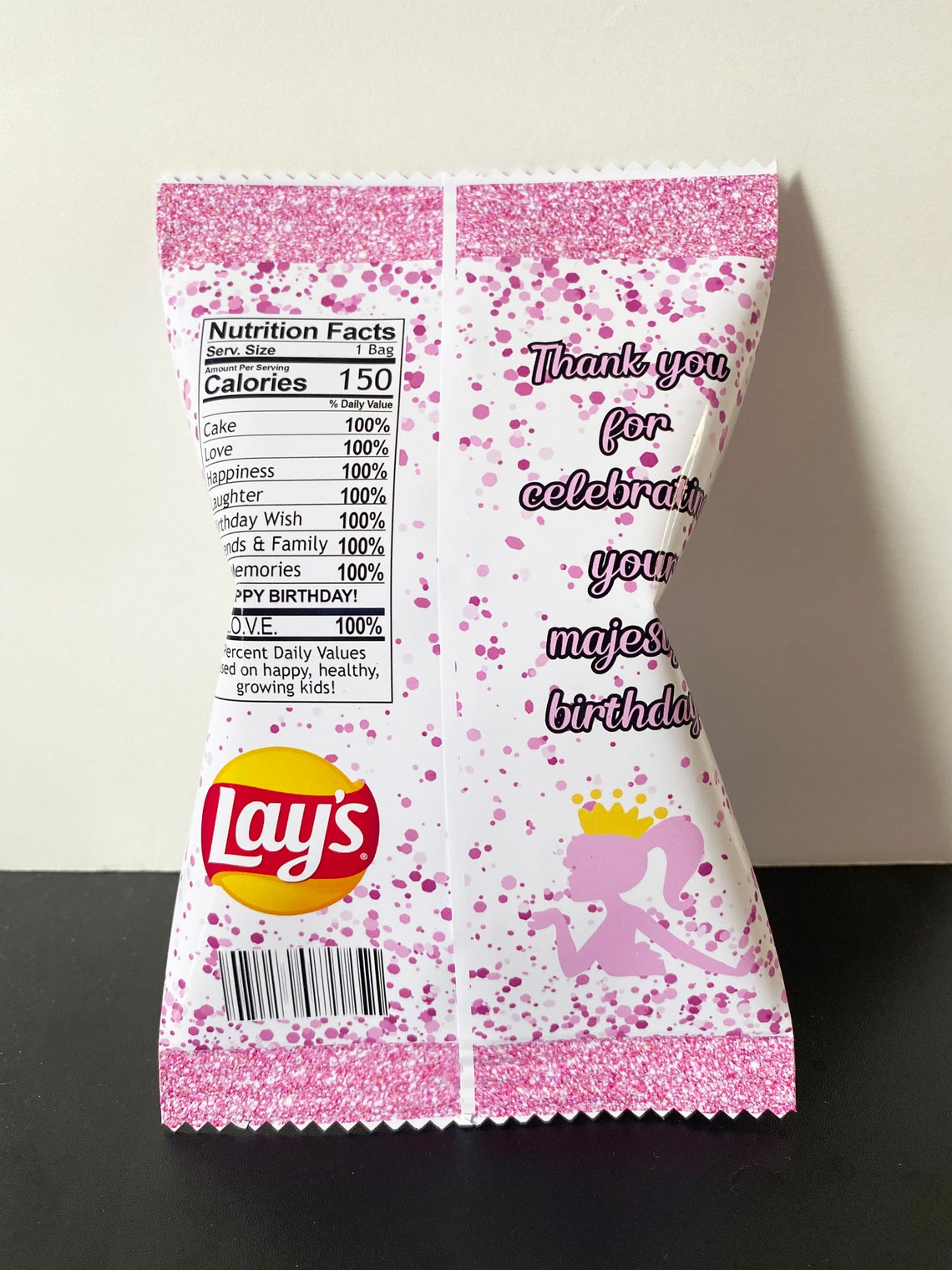 Personalized Queen Birthday Chip Bags, Pink Glitter Theme, Pink Chip ...