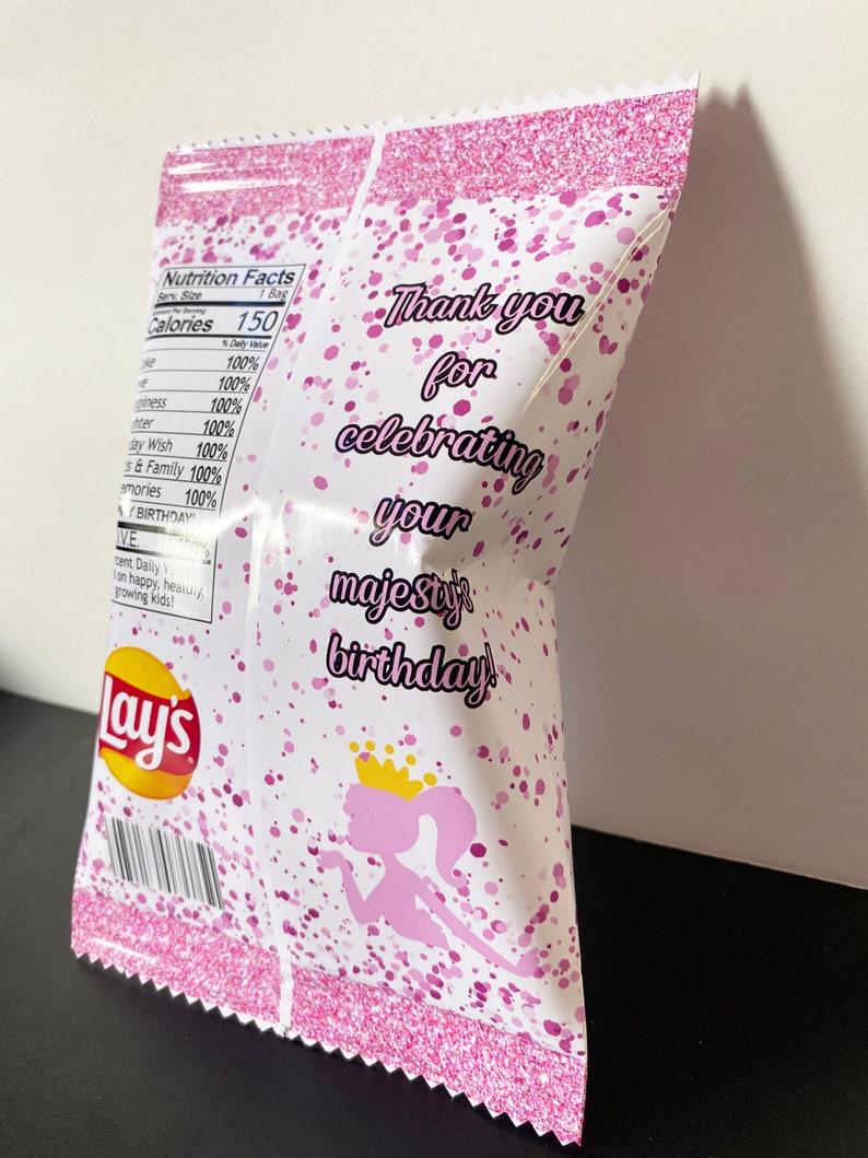 Personalized Queen Birthday Chip Bags, Pink Glitter Theme, Pink Chip ...