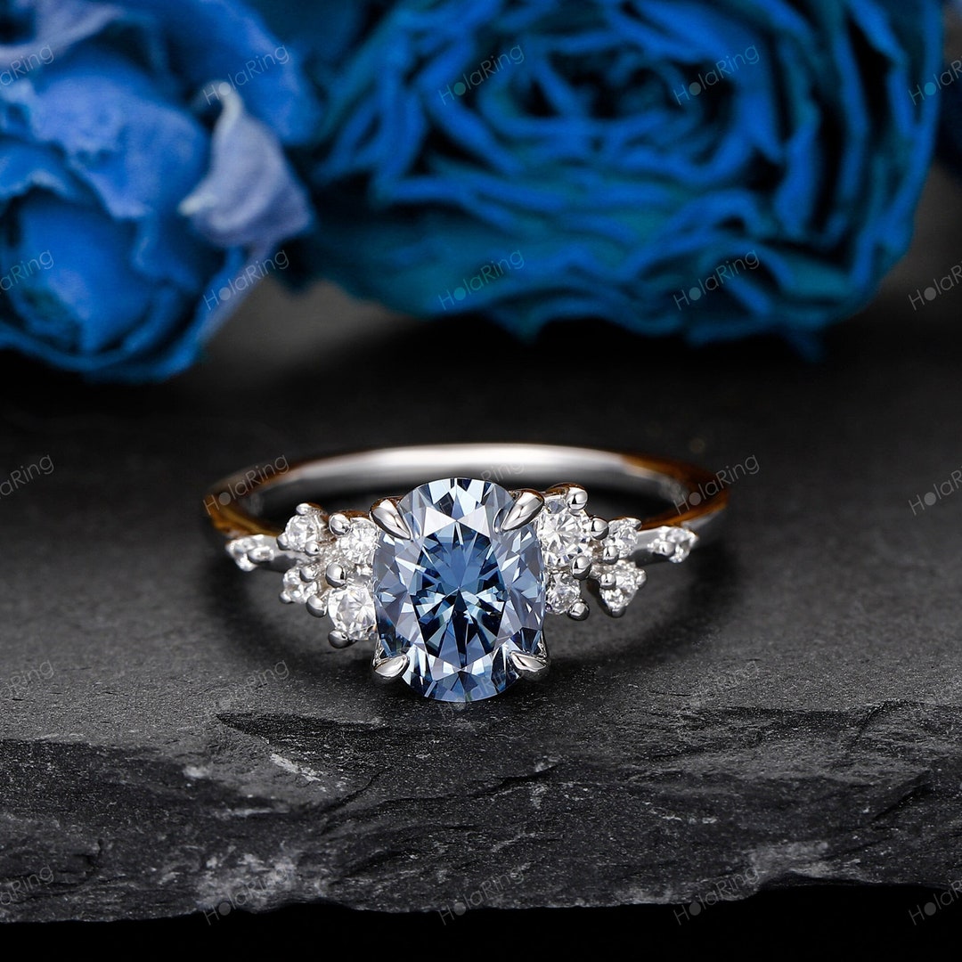 Blue Moissanite Wedding Ring 1.5 Carat Oval Moissanite Ring Floral ...