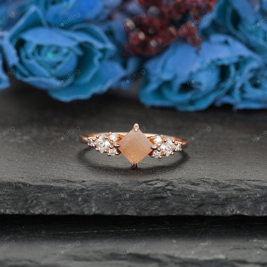 Unique Princess Cut Sunshine Stone Ring/ Solid 14k Rose Gold Wedding ...