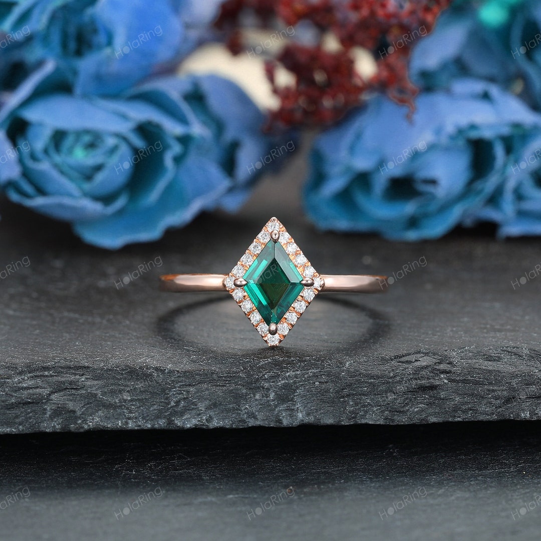 Emerald Engagement Ring Rhombus Cut Emerald Ring14k Rose Gold Ring ...