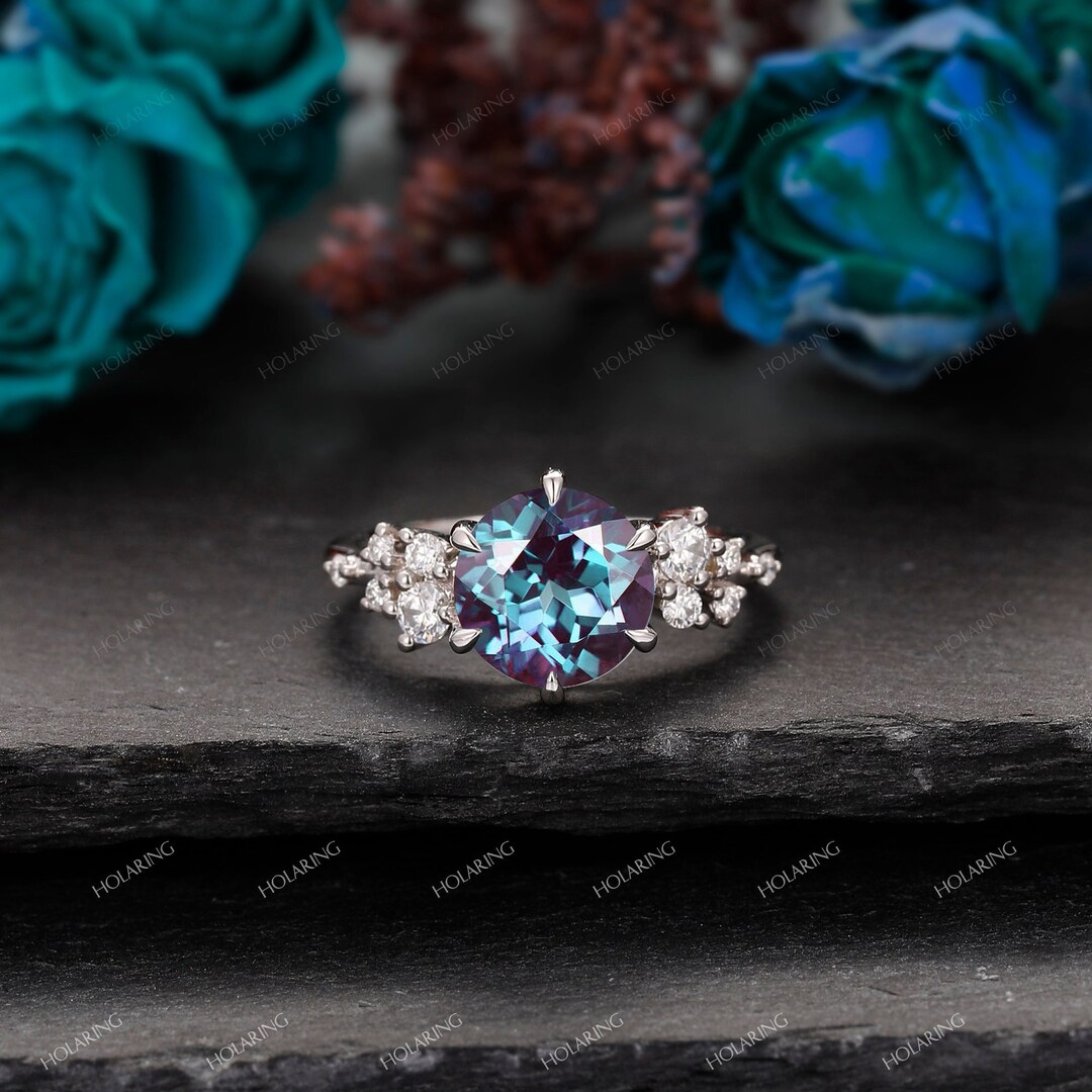 8mm-2ct Round Cut Alexandrite Engagement Ring/ Cluster Diamond Ring ...