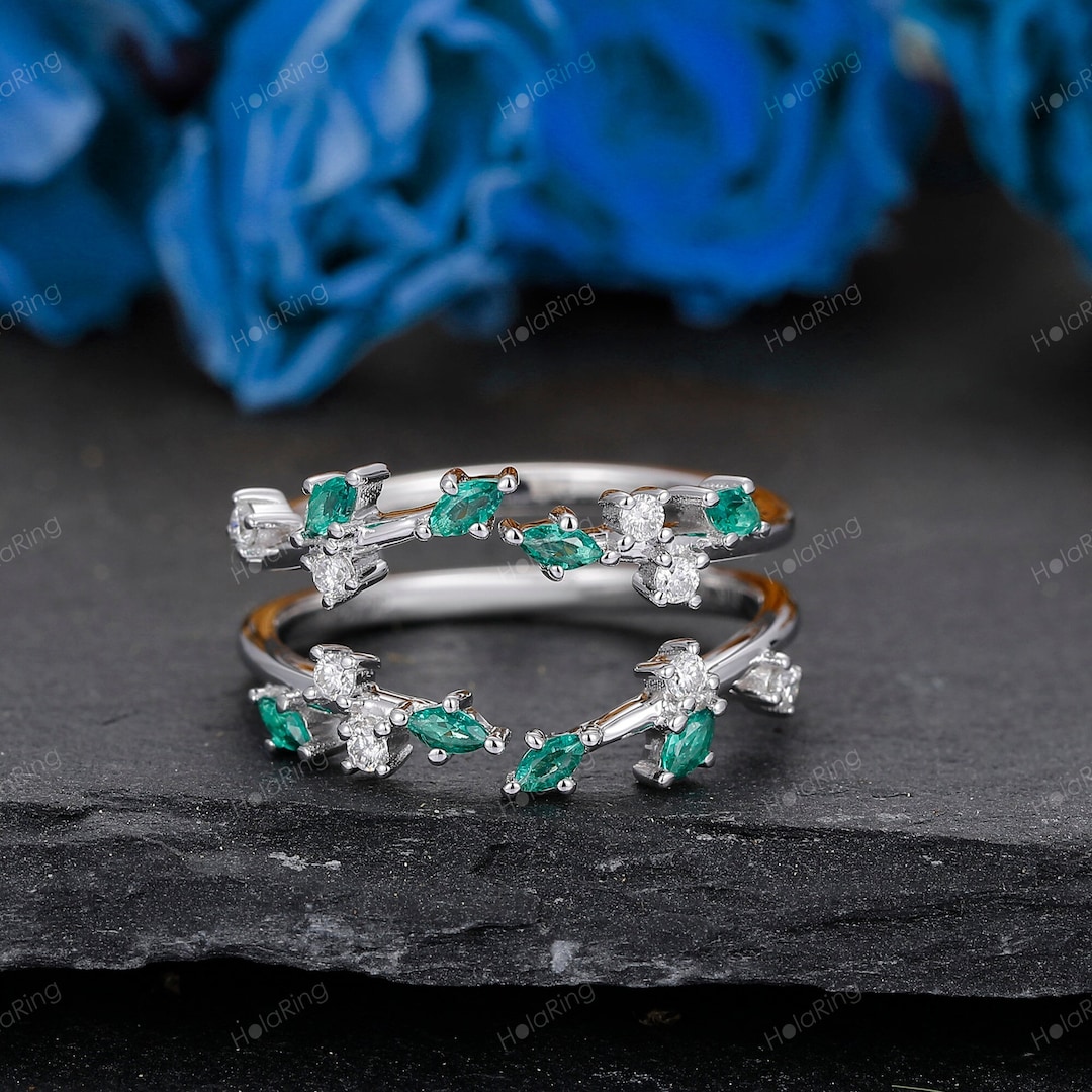 Vintage Emerald Enhancer Wedding Band Leaf Moissanite Ring Unique ...