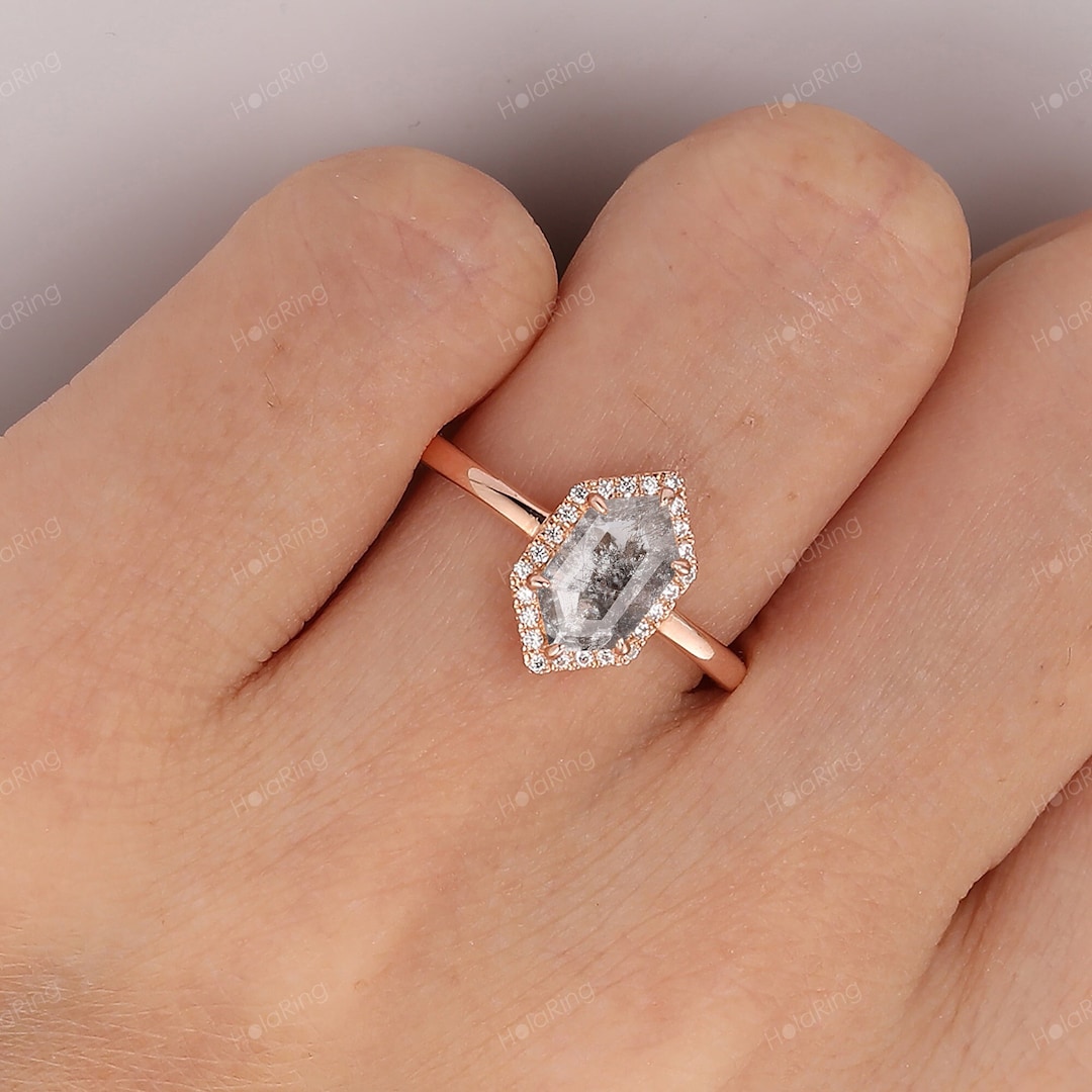 Vintage Halo 1CT Elongated Hexagon Cut Salt & Pepper Diamond Wedding ...