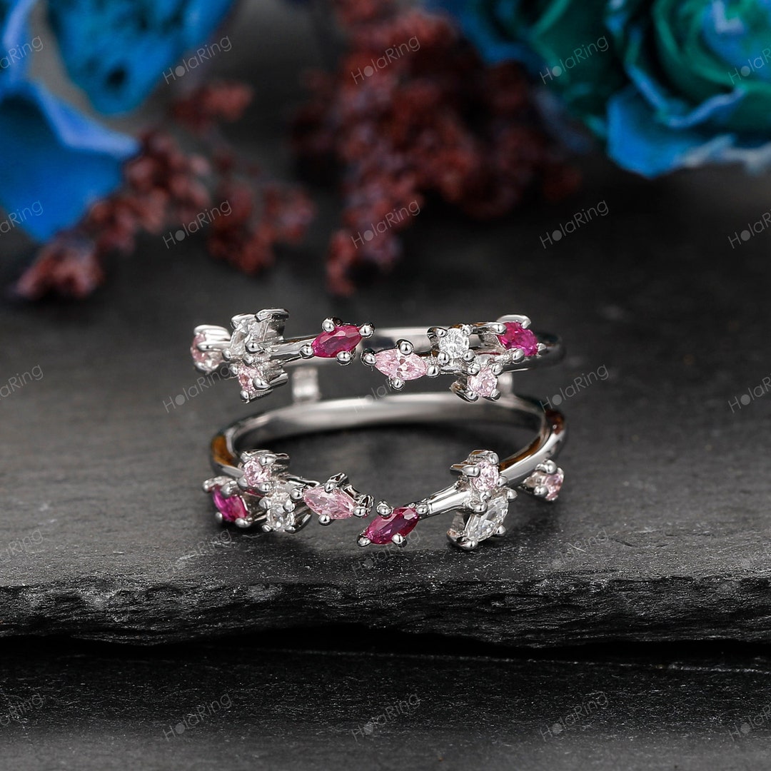 Silver Diamond Ruby Sapphire Cluster Enhancer Ring/ Gold Matching Guard ...