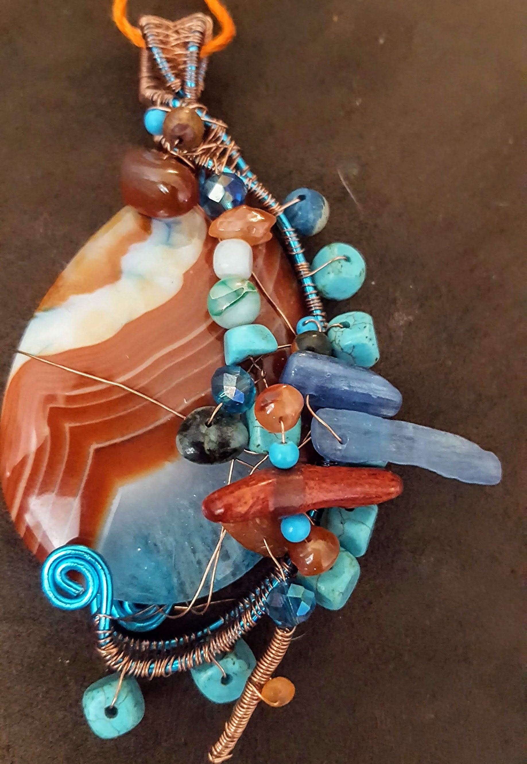 Copper Color With Blue Banded Agate Pendant With Turquoise, Coral ...