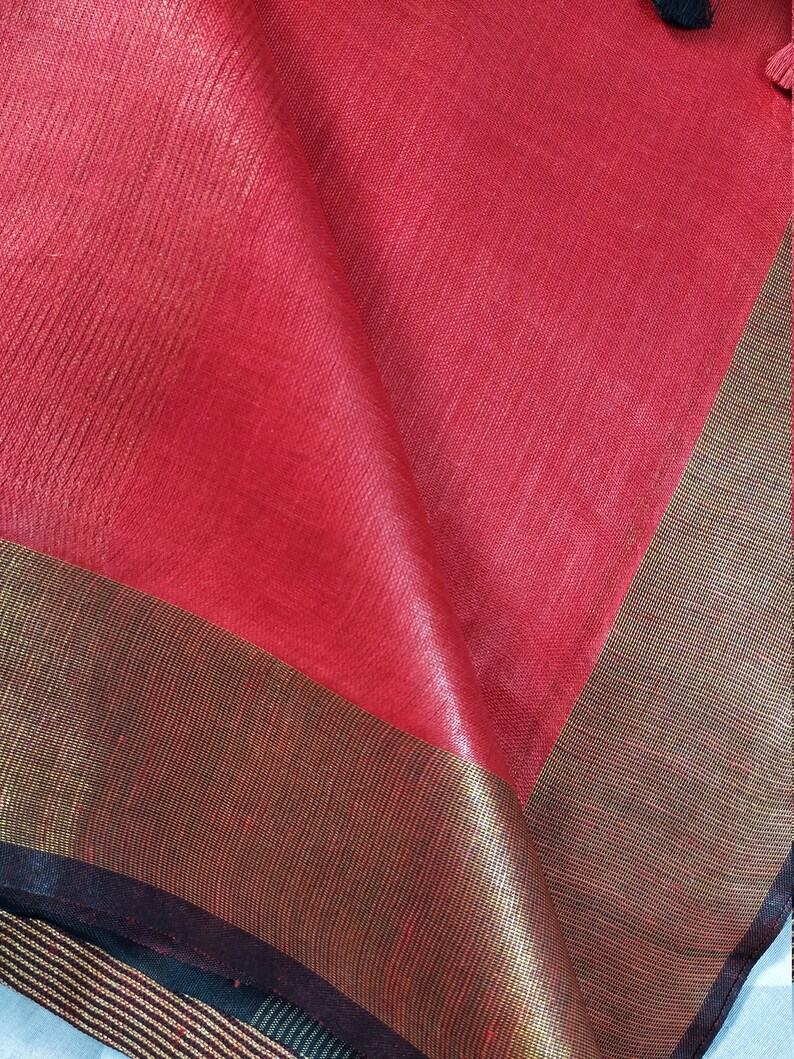 Free Shipping Maroon Linen saree Pure Linen Sari Organic Linen | Etsy