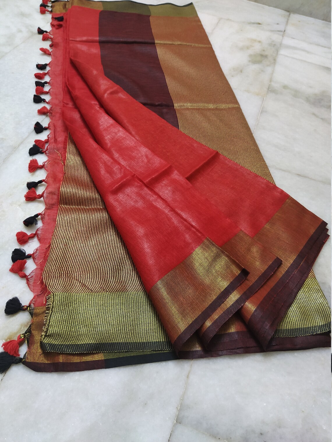 Free Shipping Maroon Linen Saree Pure Linen Sari Organic Linen - Etsy