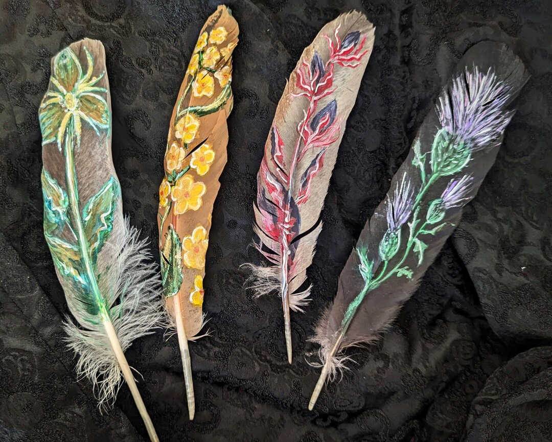 Custom Botanical Painted Feather - Altar Talisman - Green Magic - Air ...