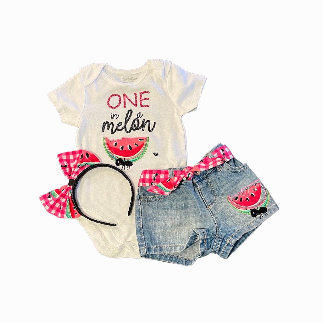 One in a Melon First Birthday Outfit: Watermelon Leotard & Denim Shorts ...