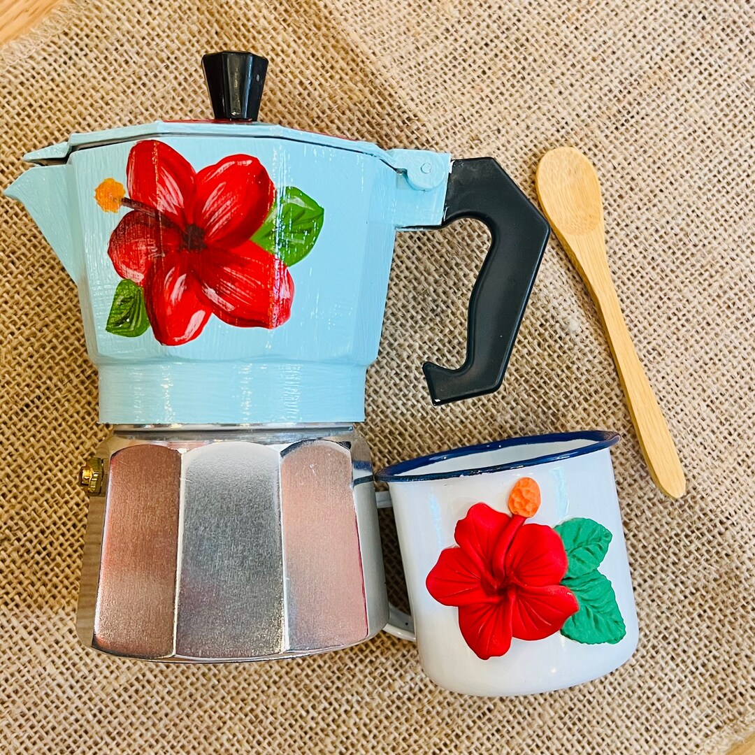 Hand Painted Coffee Maker Set, Enamel Cup, Dominican Espresso Maker ...