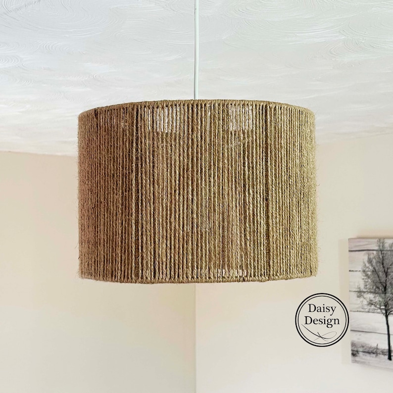 Natural Jute Lampshade, Jute Drum Pendant, Jute Table Lamp, Bohemian ...