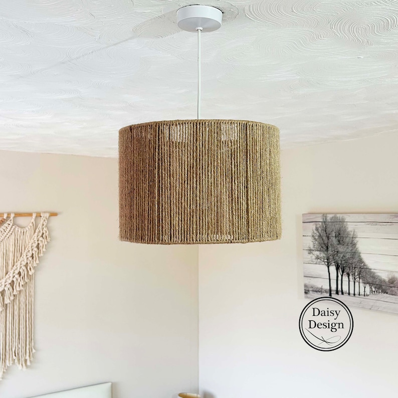 Natural Jute Lampshade, Jute Drum Pendant, Jute Table Lamp, Bohemian ...